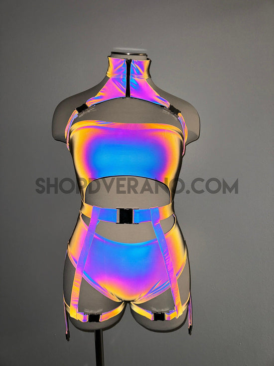 Reflective Dakota Rave Set, Iridescent Rave outfit, Reflective Bodysui ...