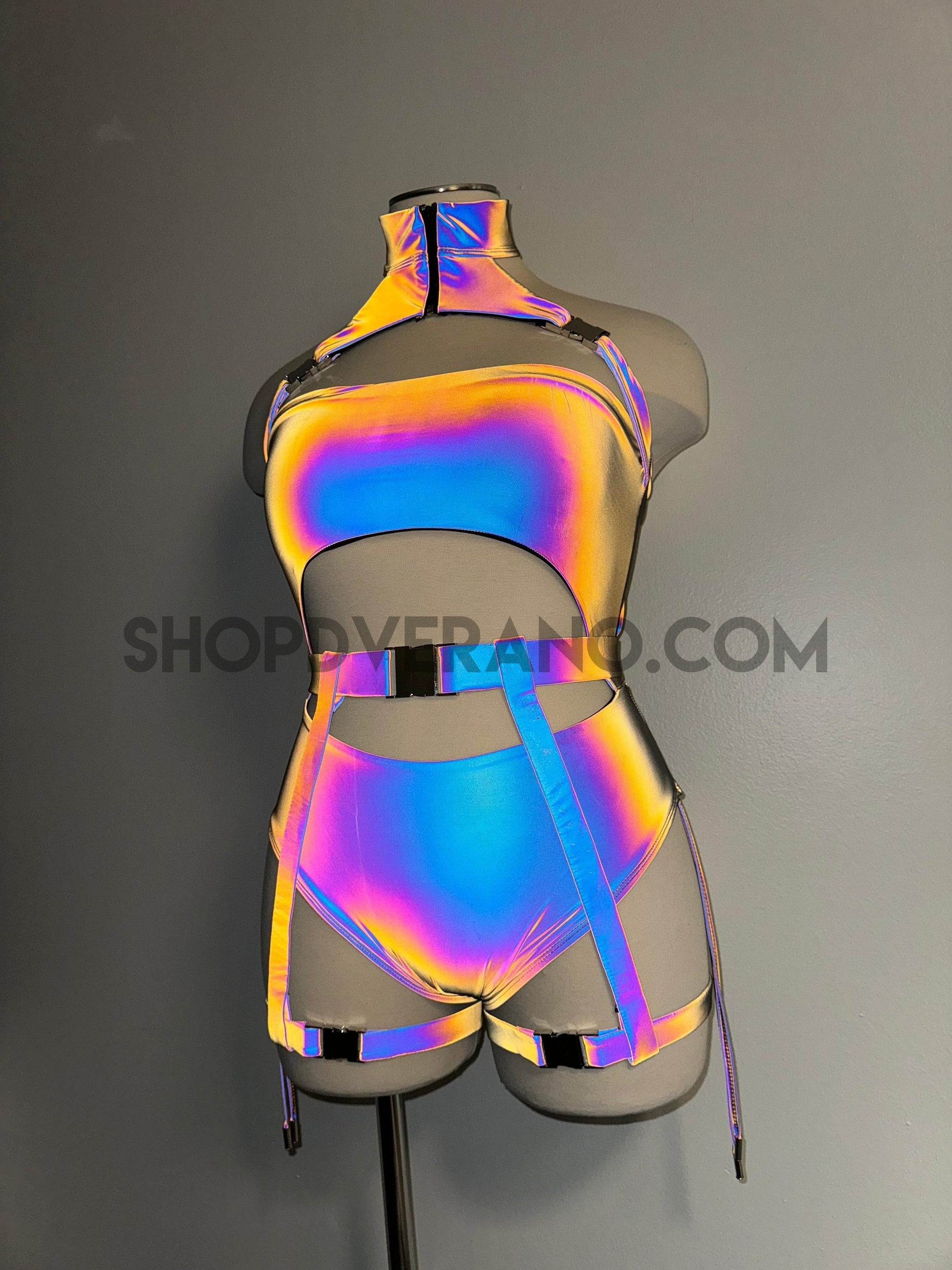 Reflective Dakota Rave Set, Iridescent Rave outfit, Reflective Bodysui ...